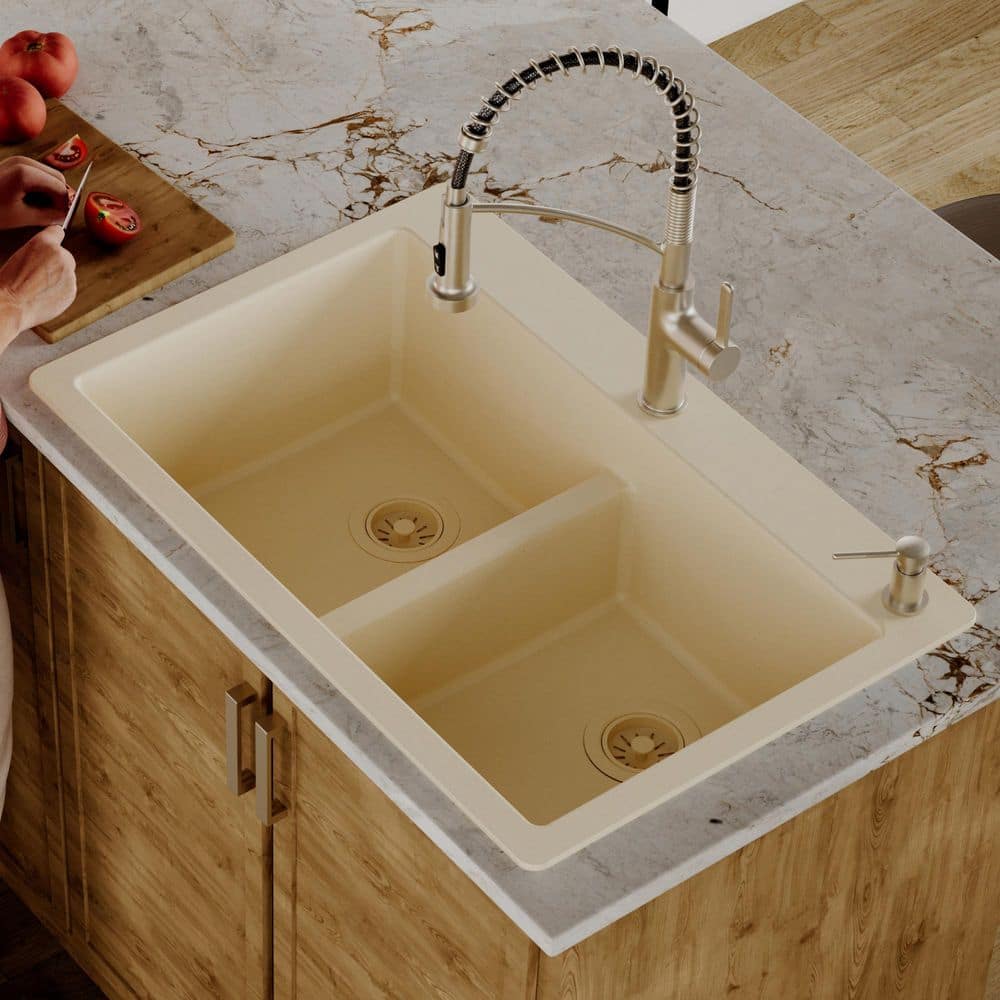 Karran QT 33 in. Drop-in Double Bowl Low Divider Bisque Quartz Granite ...