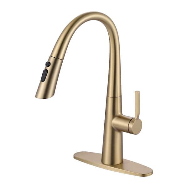 WOWOW 17.7 in. Single Handle Pull Down Sprayer Kitchen Faucet with 360° Swivel Spout in Brushed ...