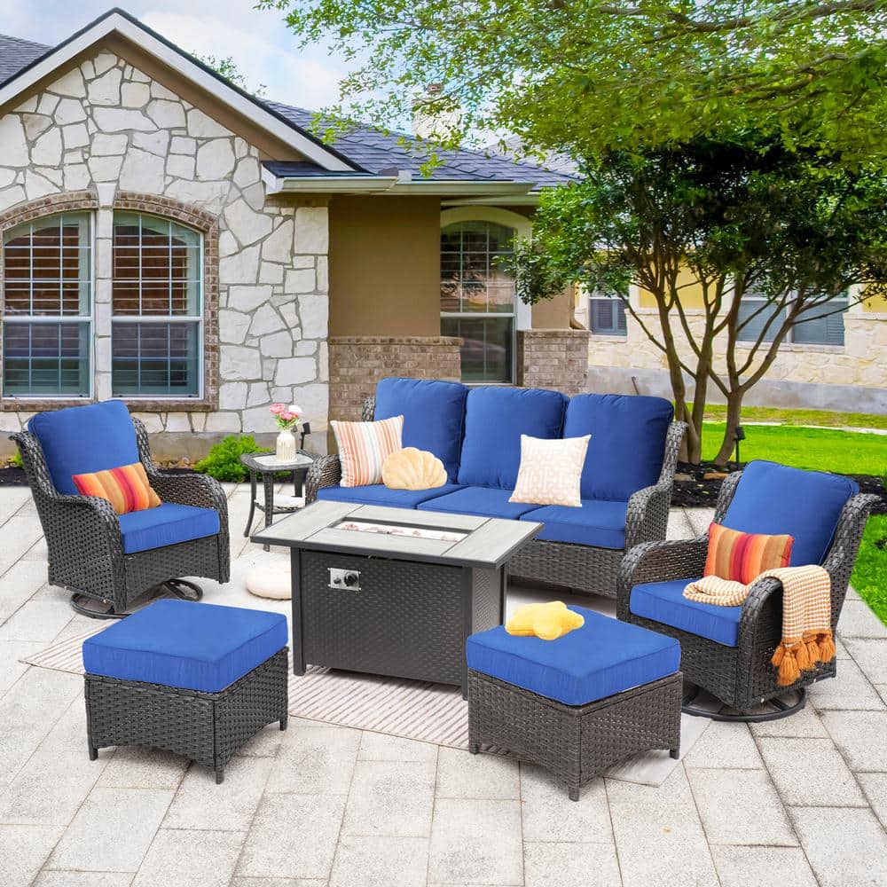 XIZZI Amber 7-Piece Wicker Patio Rectangular Fire Pit Sets and Swivel ...