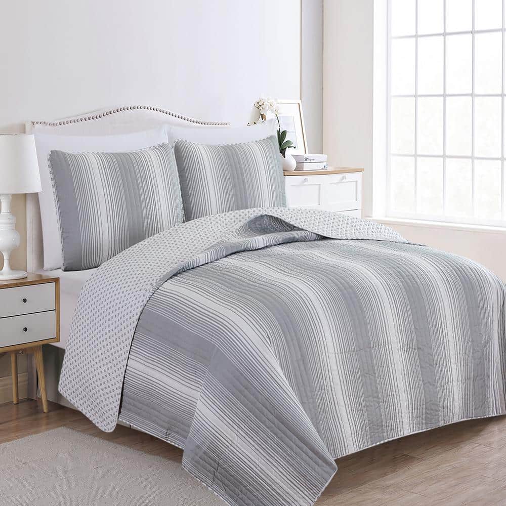 FRESHFOLDS Grey Twin Premium Striped 2-Piece Microfiber Quilt Set ...