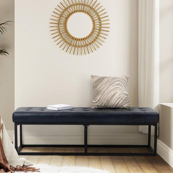 JAYDEN CREATION Gabino 60 in. Wide Navy Genuine Leather Bedroom Bench ...