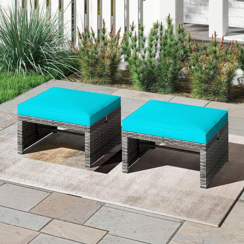 Wicker Outdoor Ottoman with Turquoise Cushion D0F445W5LV - The Home Depot