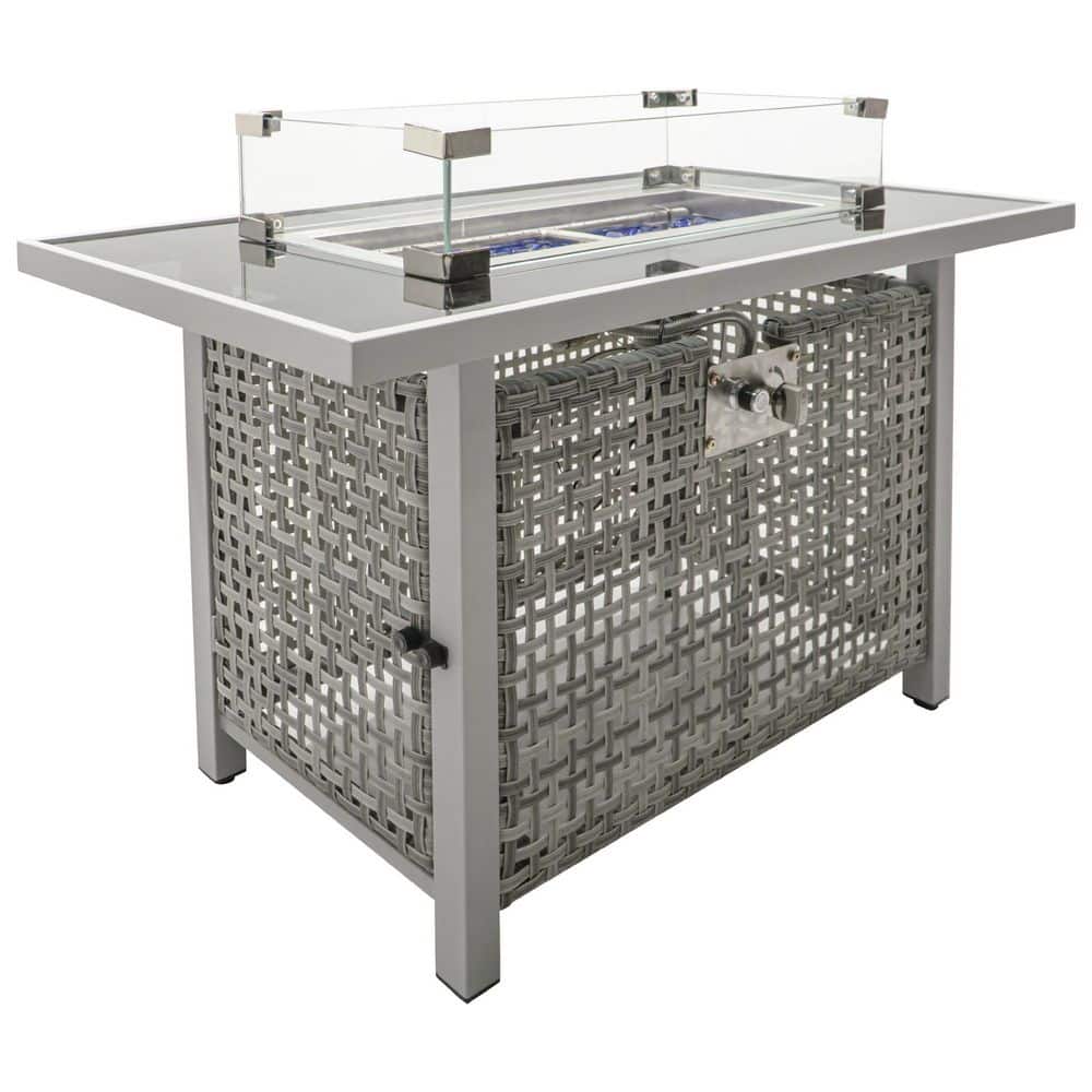 Gray Wicker Outdoor Fire Pit Table 60000 BTU Rectangular Open Weave ...
