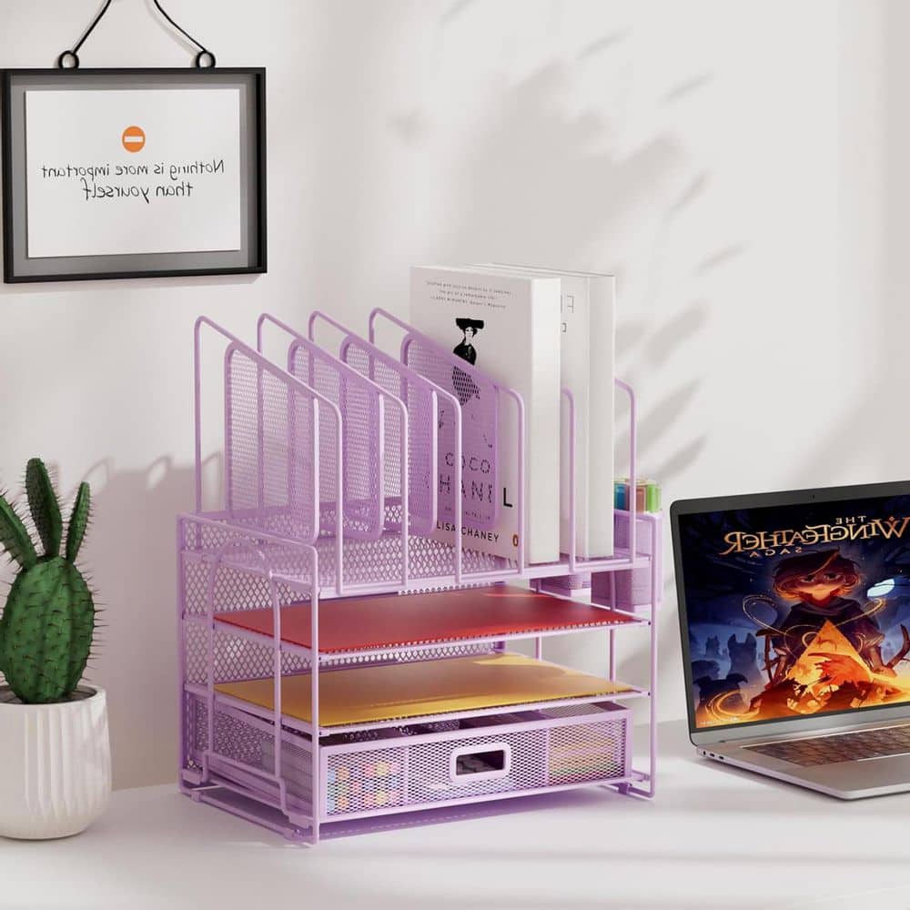 Purple 12.8 in. x 16 in. Metal Modern Desktop File Organizer with 5 ...