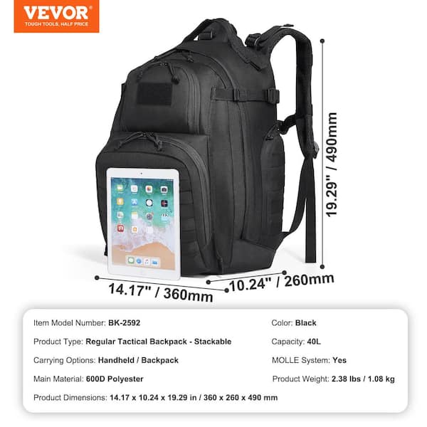 VEVOR Tactical Backpack, 19.29 in. Black Backpack 40 Lumens VEVOR Tactical Backpack, 19.29 in. Black Backpack 40 Lumens