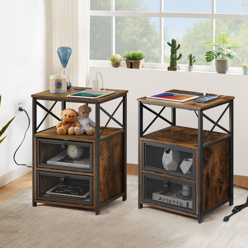VECELO Brown Nightstands Set of 2-with USB Ports and Outlets, 24 in ...