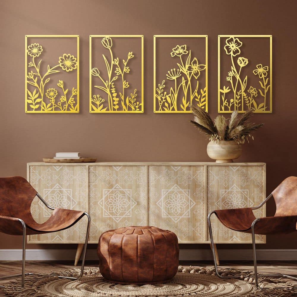 PALEO HOME LLC 4 Pack 17 in. x 12 in. Gold Metal Flowers Wall Decor, Floral Wall Hanging Art ...