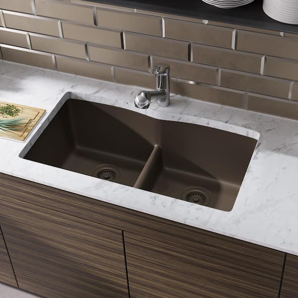 Rene Umber Granite Quartz 33 in. Double Bowl Undermount Kitchen Sink ...