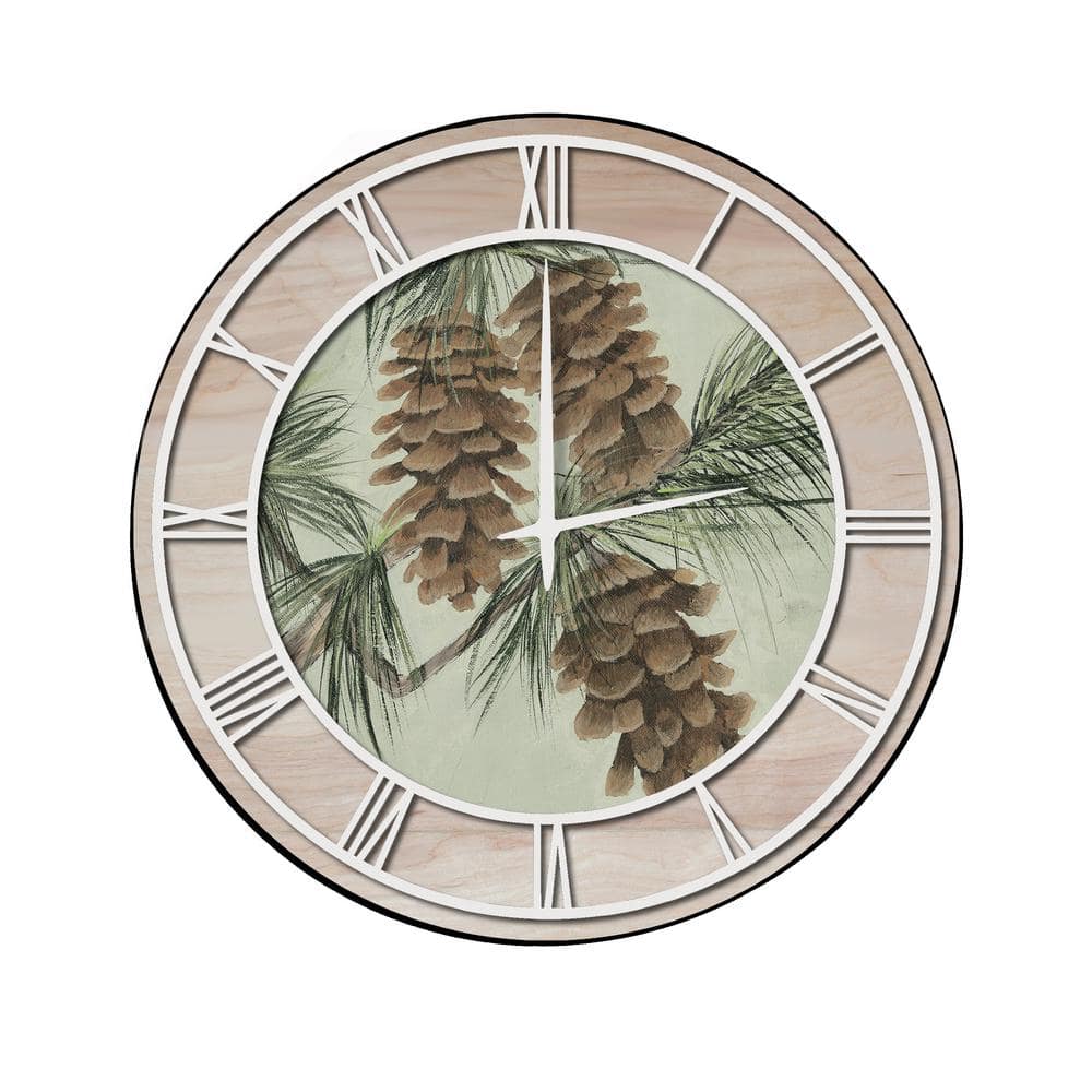 "Pine Cone" Woodgrain Accent and White Numbers Imaged Wall Clock CL-PCN ...