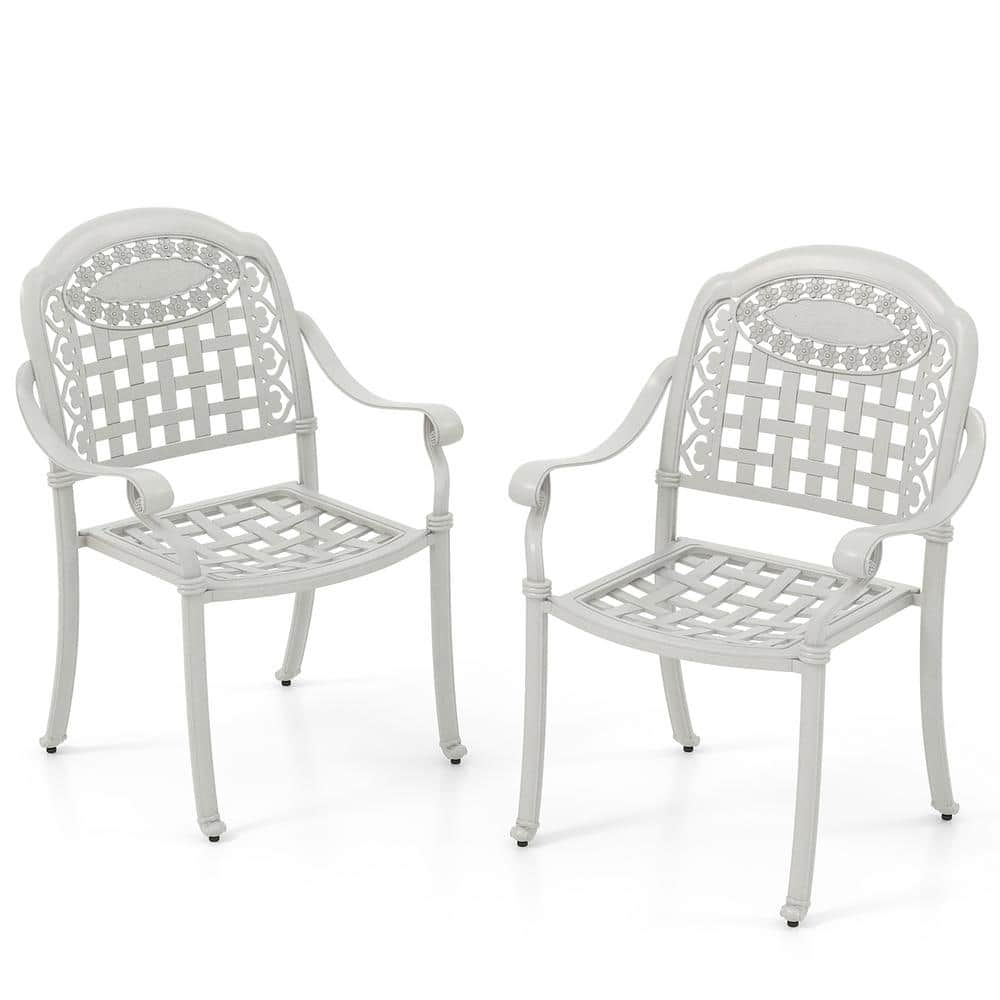 Gymax 2-Pieces Cast Aluminum Patio Dining Chair Bistro White Outdoor ...