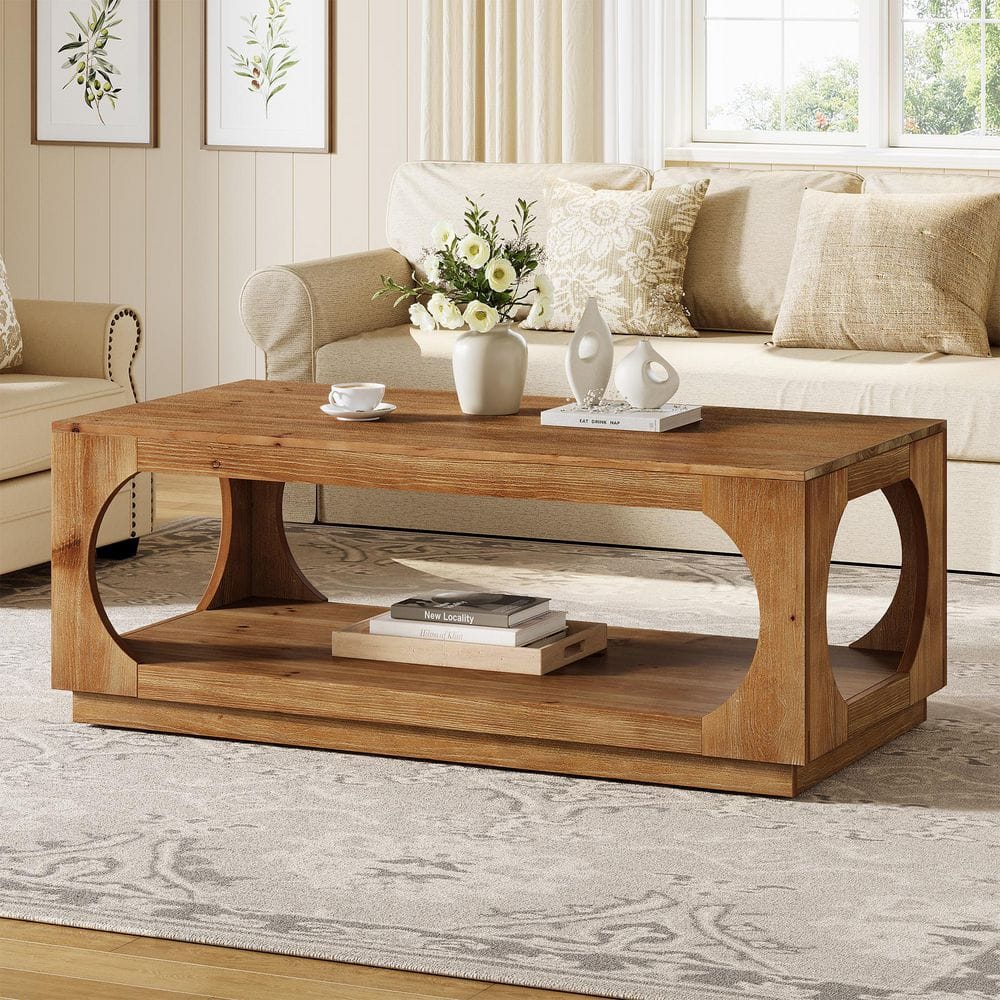 BYBLIGHT 47 in. Brown Rectangle Solid Wood Coffee Table with Storage ...