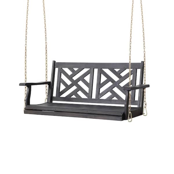 Dark Grey Acacia Wood Porch Swing with Herringbone Back and Slat Seat ...