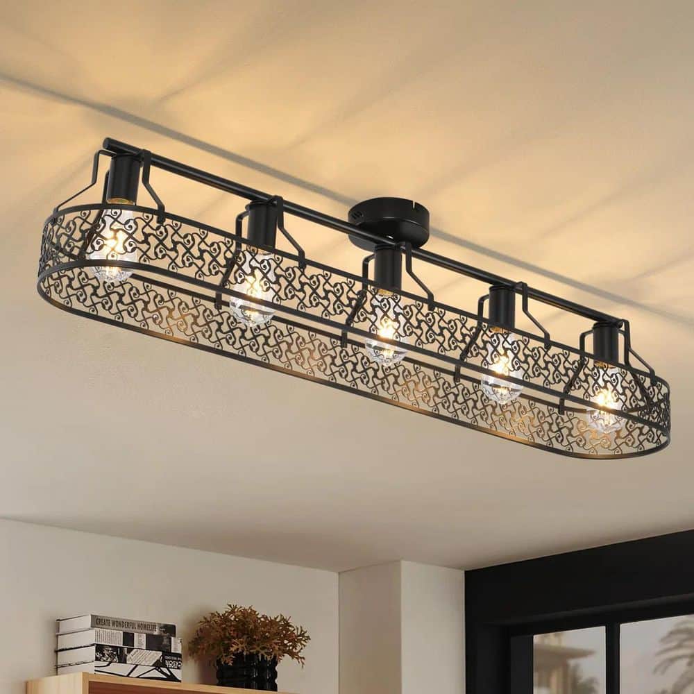 Genoci 43.3 in. 5-light Black Farmhouse Flush Mount with Metal Shade ...