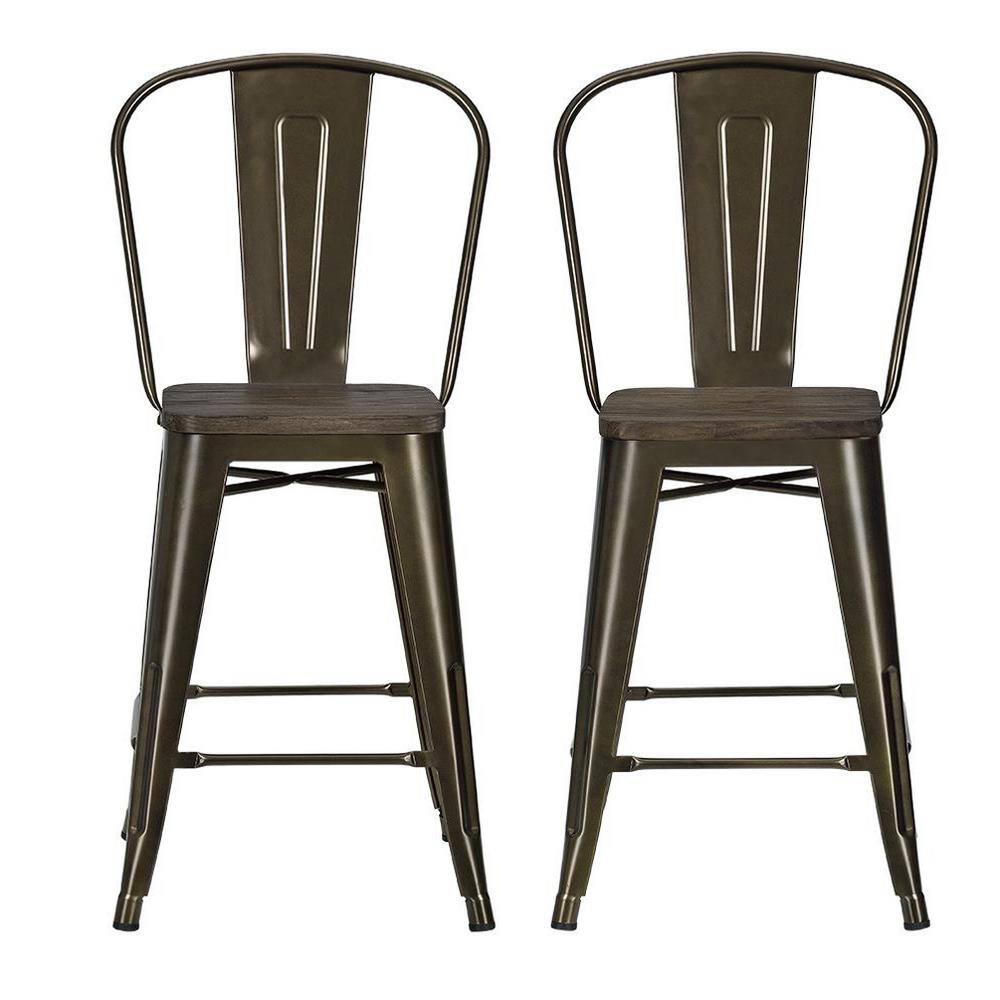DHP Lena 24 in. Antique Bronze Metal Counter Stool with Wood Seat (Set ...