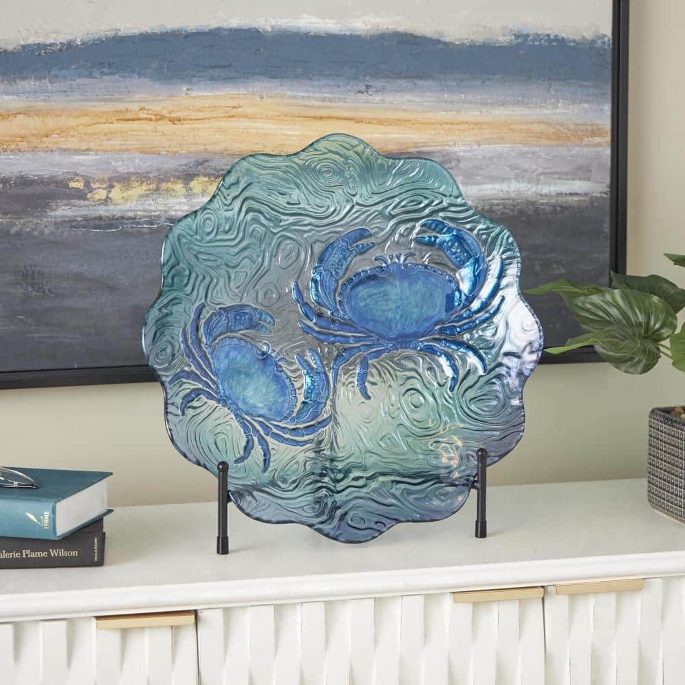 Litton Lane Blue Glass Ombre Decorative Plate Crab Charger with Wavy ...