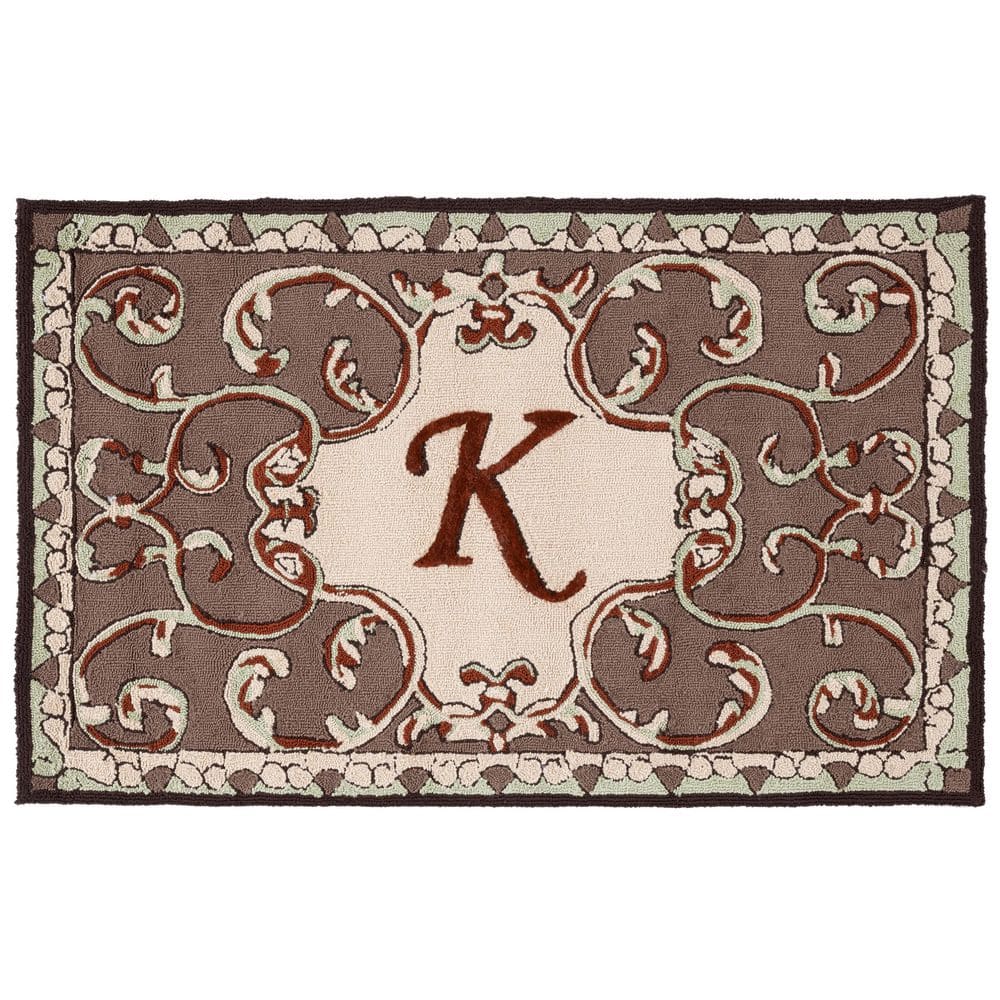 SAFAVIEH Monogram Mocha 3 ft. x 4 ft. "K" Ornate Floral Indoor/Outdoor ...