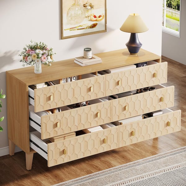 BYBLIGHT Helotes Oak 6 Drawer 55.12 in. Elegant Chest of Drawers with Metal Handle and Legs for Bedroom Living Room BB F2043HY The Home Depot