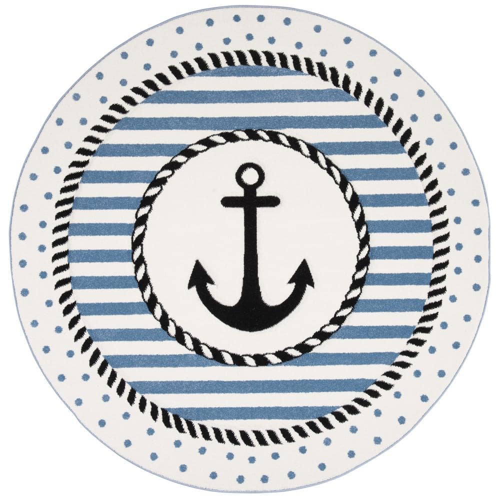 SAFAVIEH Carousel Kids Ivory/Navy Doormat 3 ft. x 3 ft. Round Striped ...