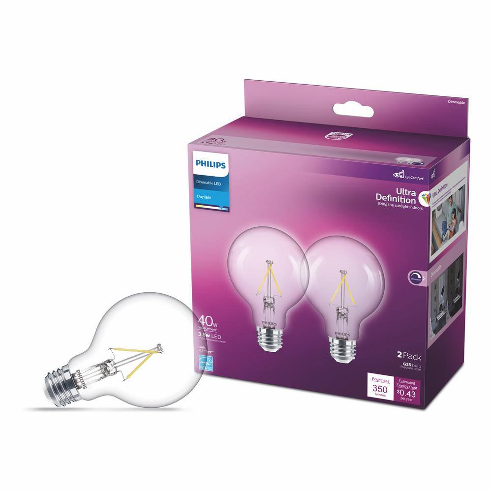 Philips 40-Watt Equivalent Ultra Definition G25 Clear Glass Dimmable ...