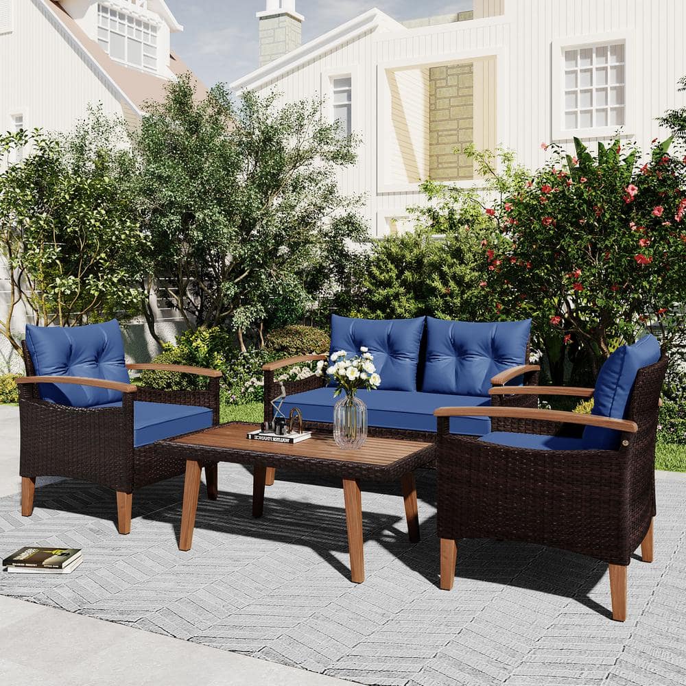 Tenleaf 4-Piece Brown Wicker Patio Conversation Set with Blue Cushions ...