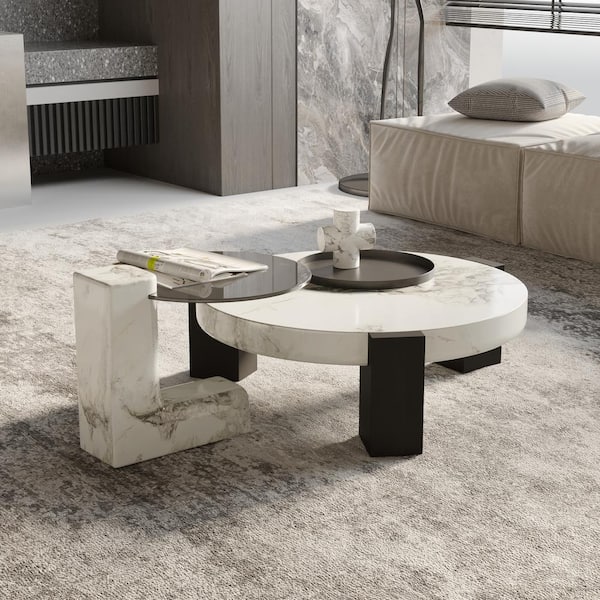 J E Home 35.43 in. White 2 Piece Round Modern Marble Wood Top Coffee Table GD W247S00521