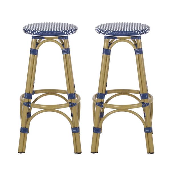 2-Piece Blue Aluminum and Wicker Counter Outdoor Bar Stools Backless ...