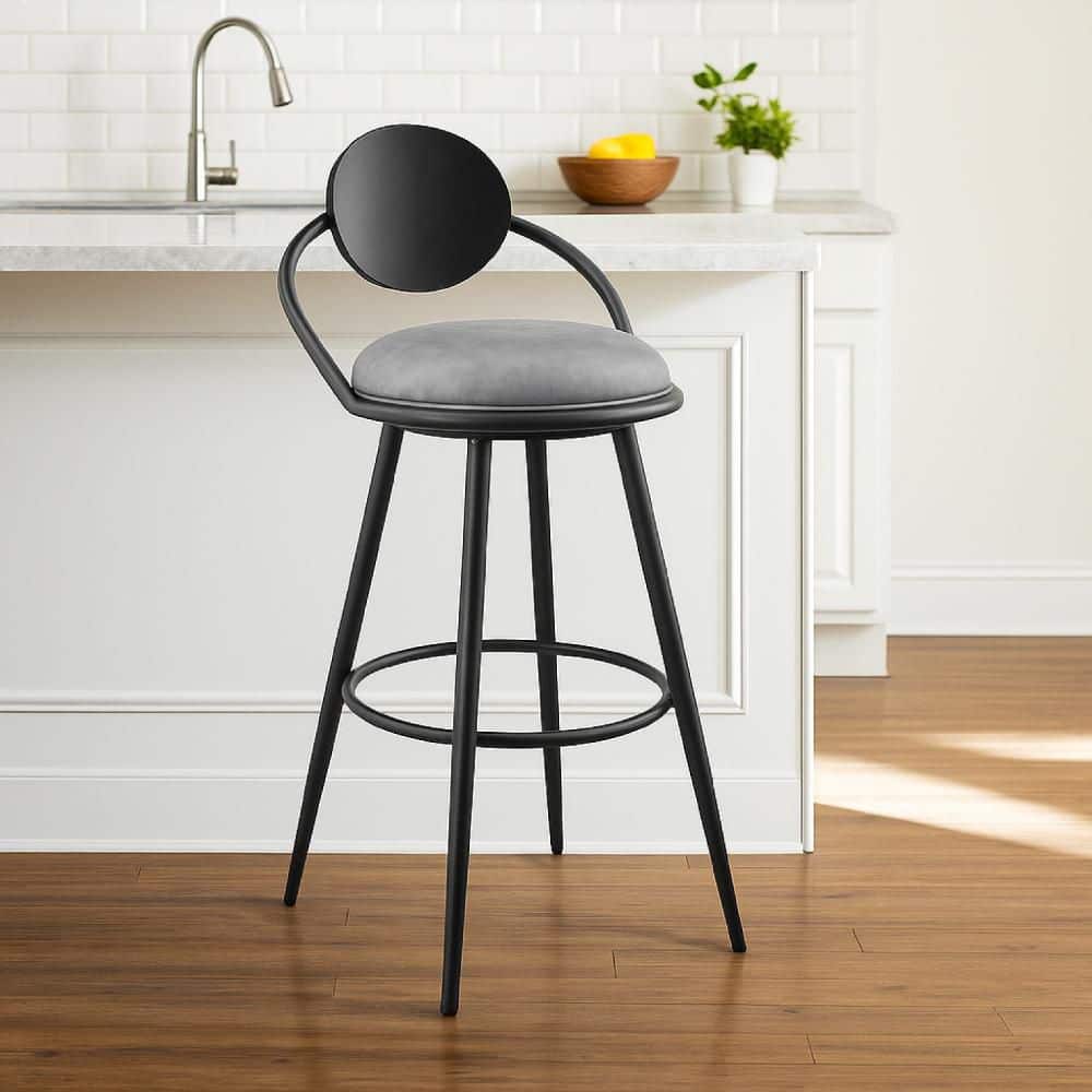 Benjara 36.5 in. H Vintage Gray and Black Low Back Wood Bar Stool with ...