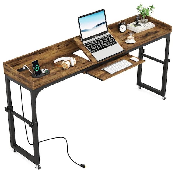 BYBLIGHT Moronia 70.86 in. Rectangular Brown Wood Height Adjustable Overbed Table Computer Desk with Wheels Outlets and Tiltable BB NY171QP The Home Depot