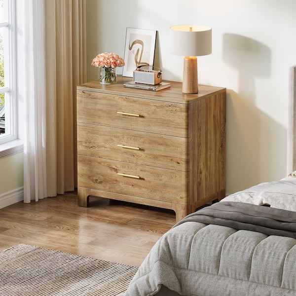 BYBLIGHT Fenley Light Brown Oversized Nightstand with Gold Handles, 3 ...