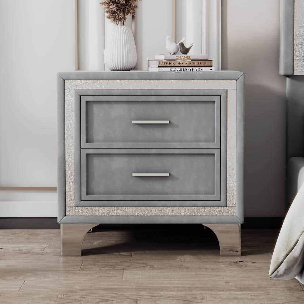 Harper & Bright Designs Mid-Century Gray 2-Drawer Velvet Nightstand ...