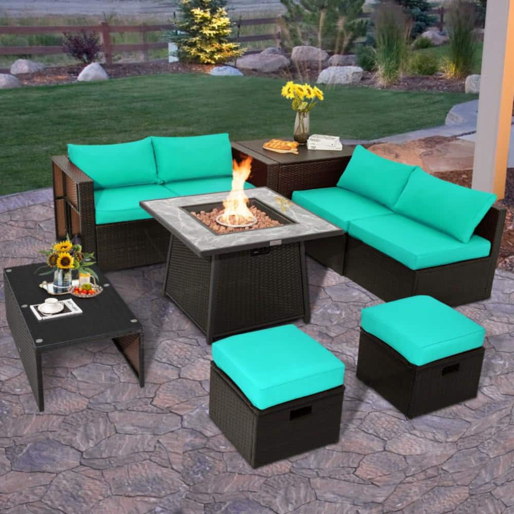 Kadehome Brown 9-Piece Patio PE Wicker Sectional Set with 50000 BTU ...