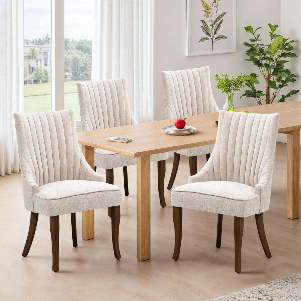 WONDER COMFORT Chic Beige Linen Channel Tufted Back Dining Chairs Set ...