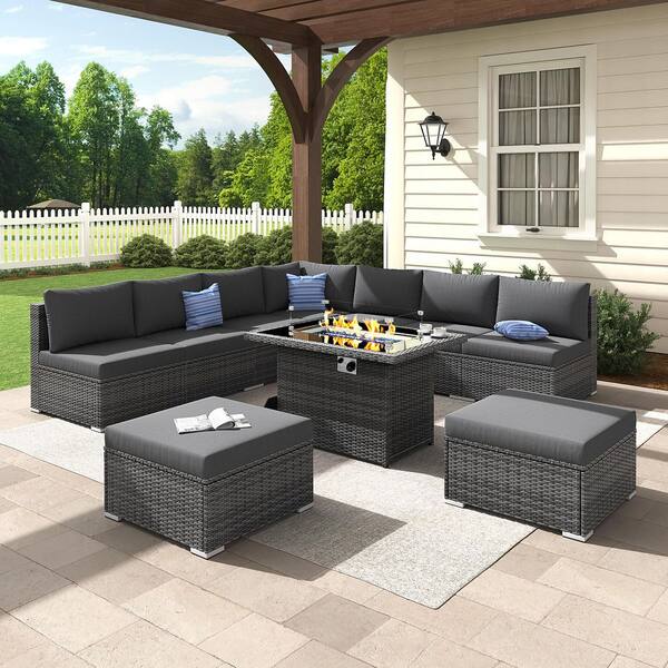 FINCATI 10 Pieces Gray Wicker Patio Conversation Set Deep Sectional ...