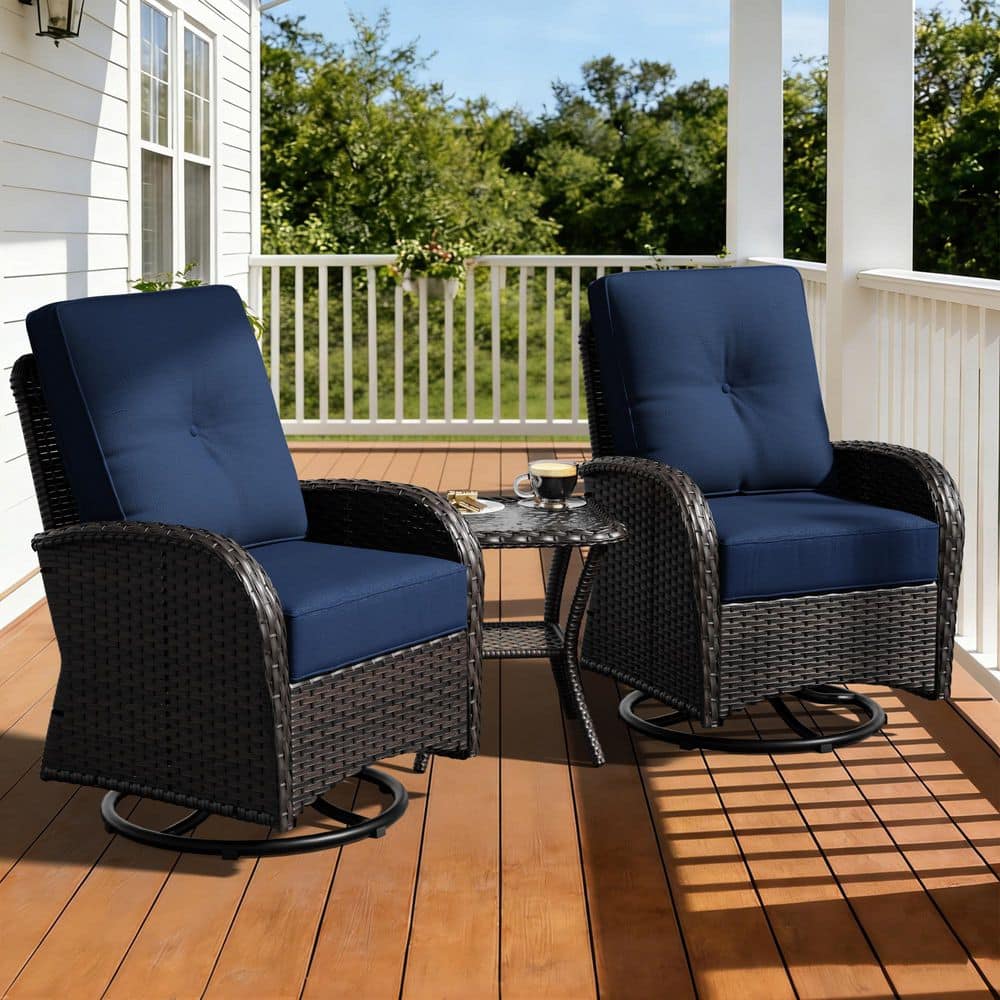 PremDwell 3-Piece Dark Brown Wicker Outdoor Rocking Chairs with Blue ...