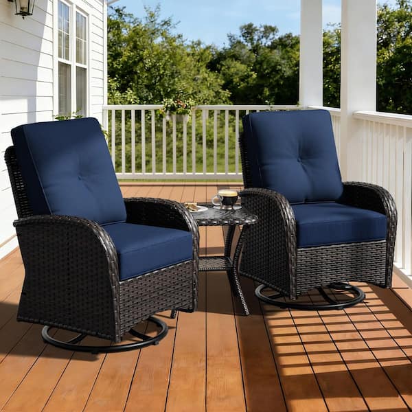PremDwell 3-Piece Dark Brown Wicker Outdoor Rocking Chairs with Blue ...