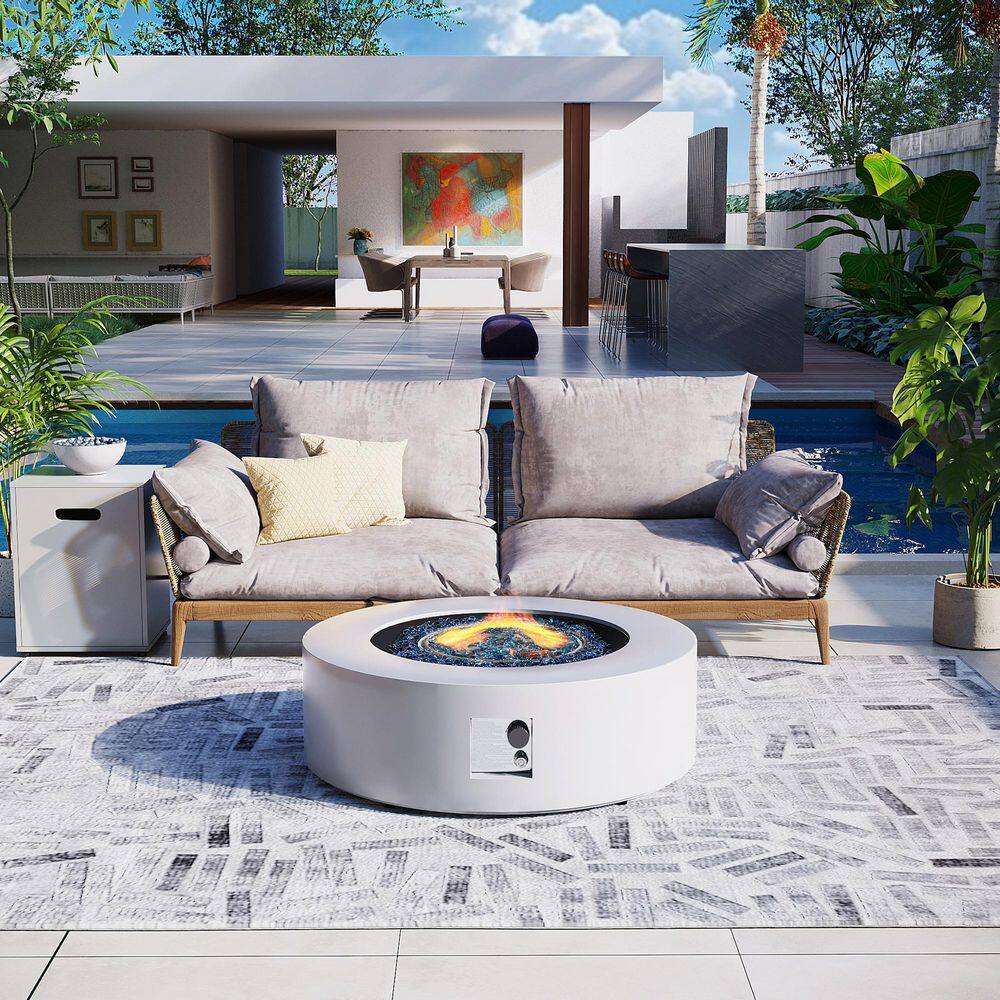UPHA 42 in. Outdoor Round Iron White Fire Pit Table with Propane Tank ...