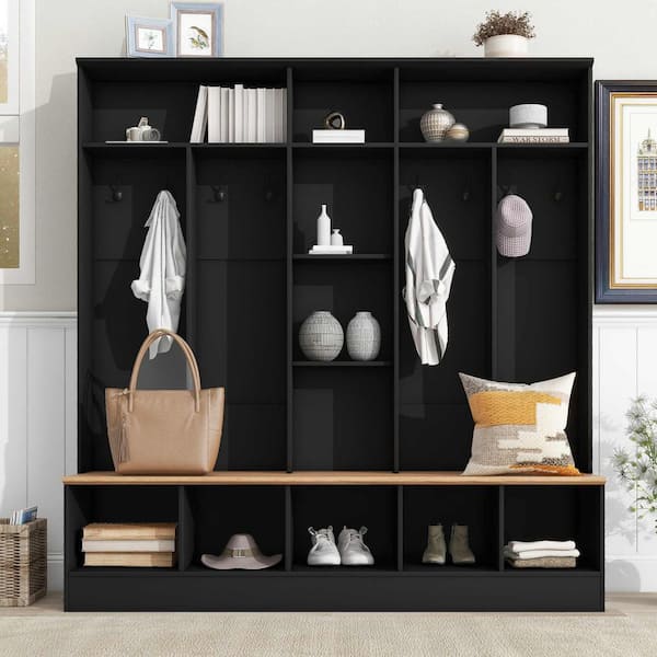 Polibi Black Particle Board Wood Hall Tree with Storage Bench,Cube ...