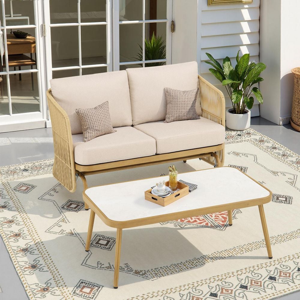 Buenaola 2-Person Metal and Wicker Outdoor Glider Set with Coffee Table ...