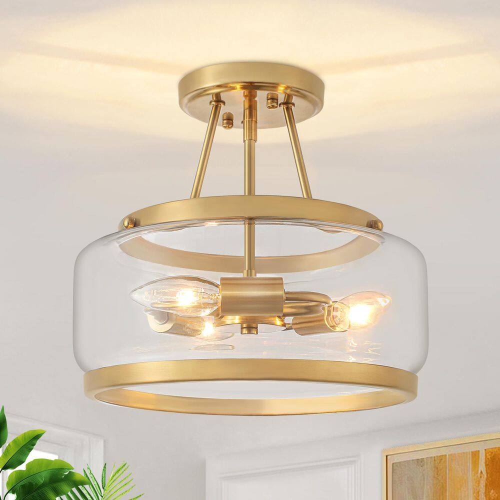 ZSMIHDOH 10.7 in. 3-Light Gold Modern Glass Drum Semi Flush Mount ...