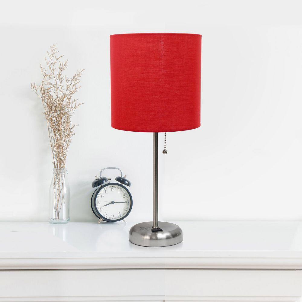 Simple Designs 19.5 in. Brushed Steel Stick Lamp w/Charging Outlet, Red ...