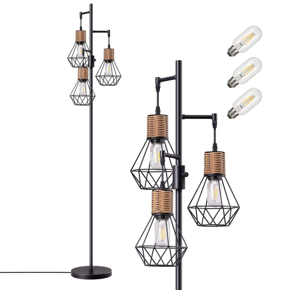 EDISHINE 65 in. Black 3-Light LED Edison Bulbs Smart Dimmable Tripod ...