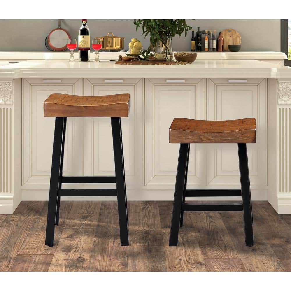 Furniture of America Kater 24 in. Oak and Black Backless Solid Wood Bar ...