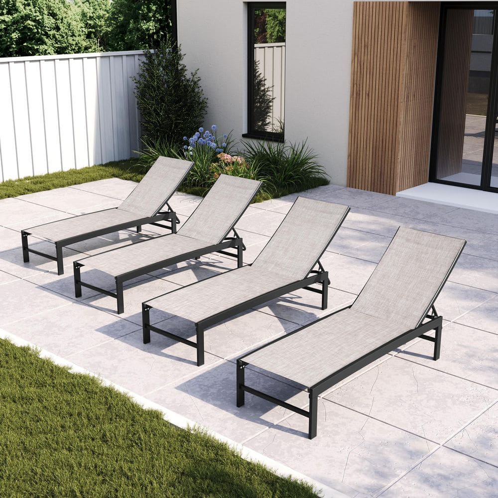 Pellebant 4-Piece Black-Grey Metal Recliner Adjustable Outdoor Chaise ...