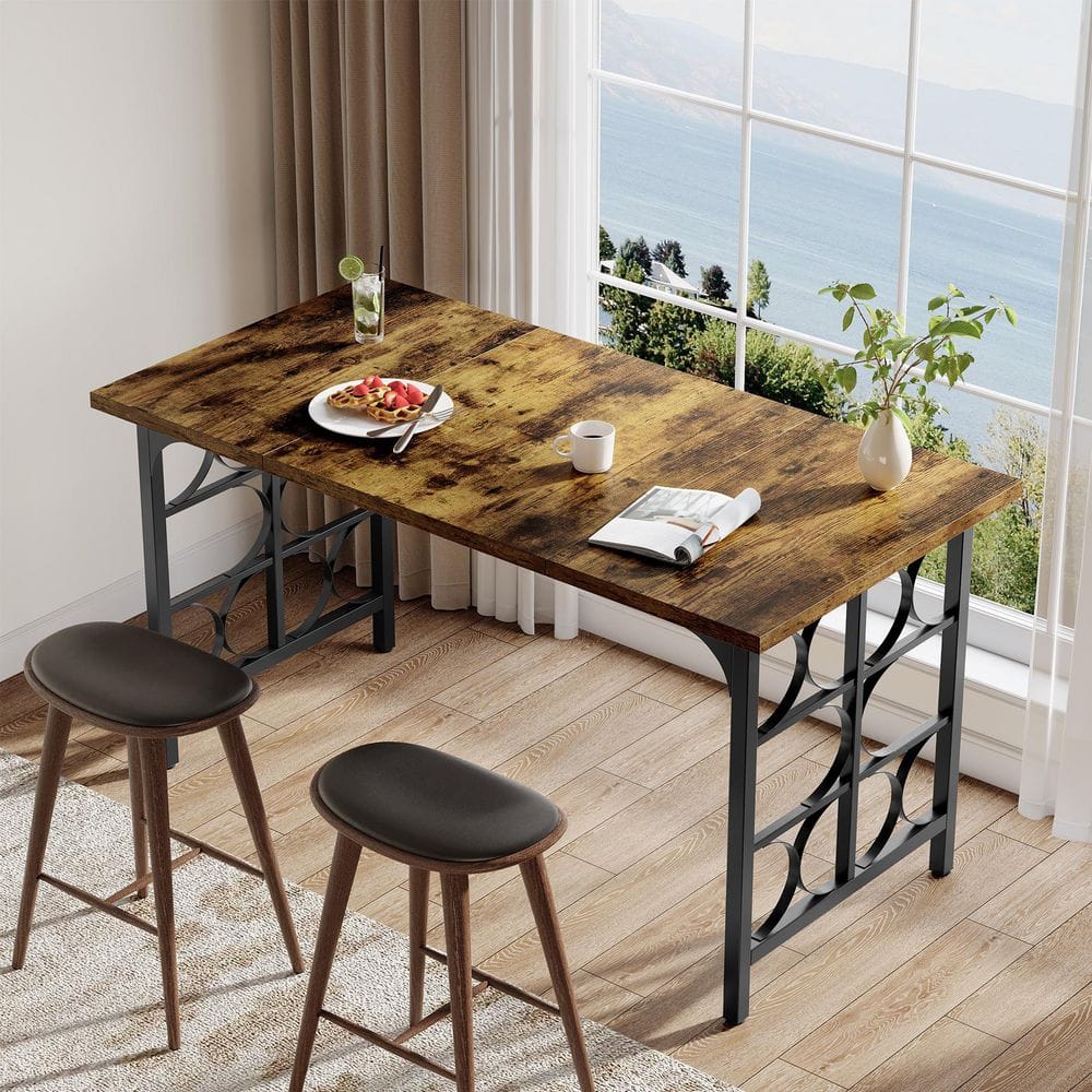 BYBLIGHT Roesler Rustic Brown Black Wood 55 in. Wood Rectangle Round 4 ...