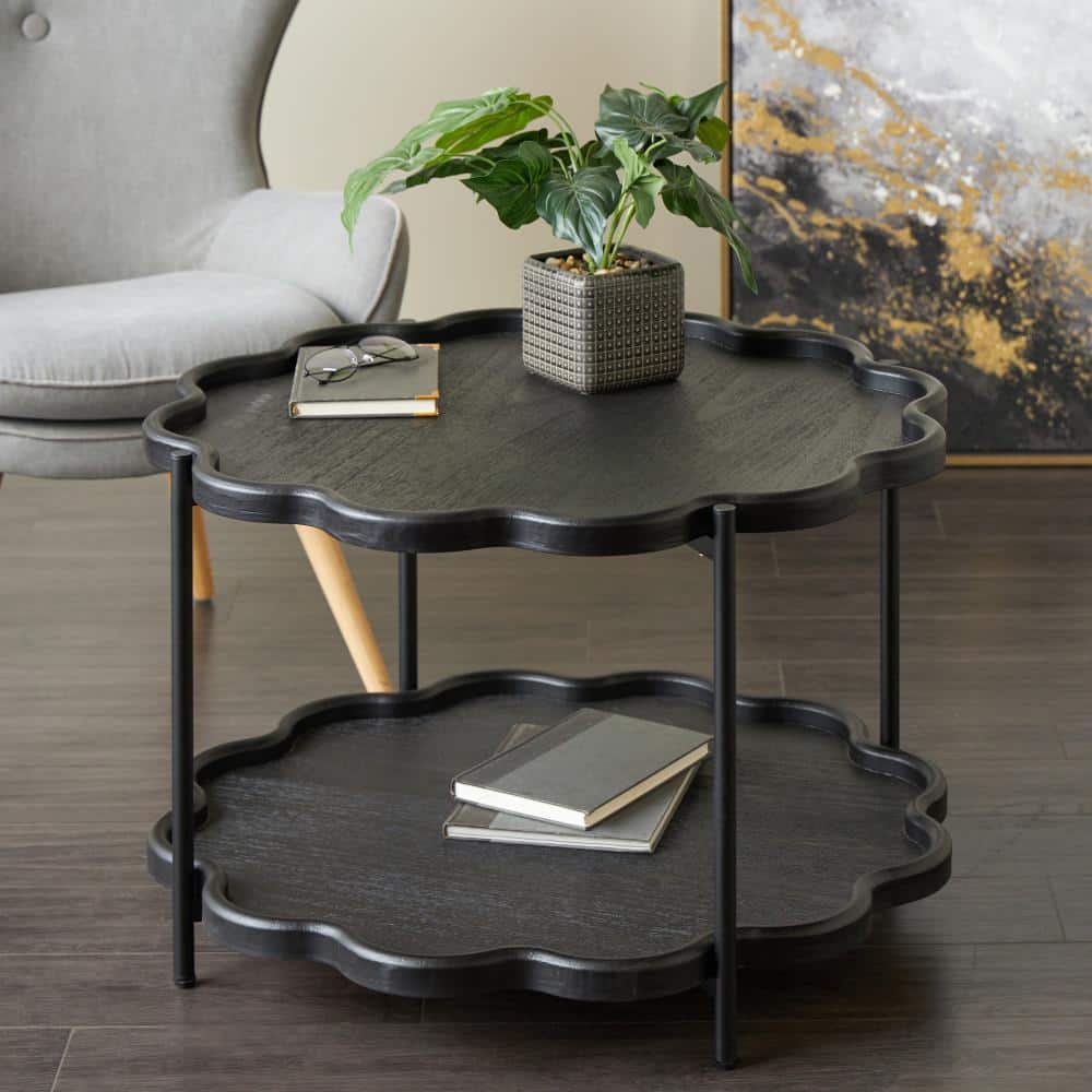 Litton Lane 20 in. x 32 in. Black Round Wood Floral Inspired 2-Level ...