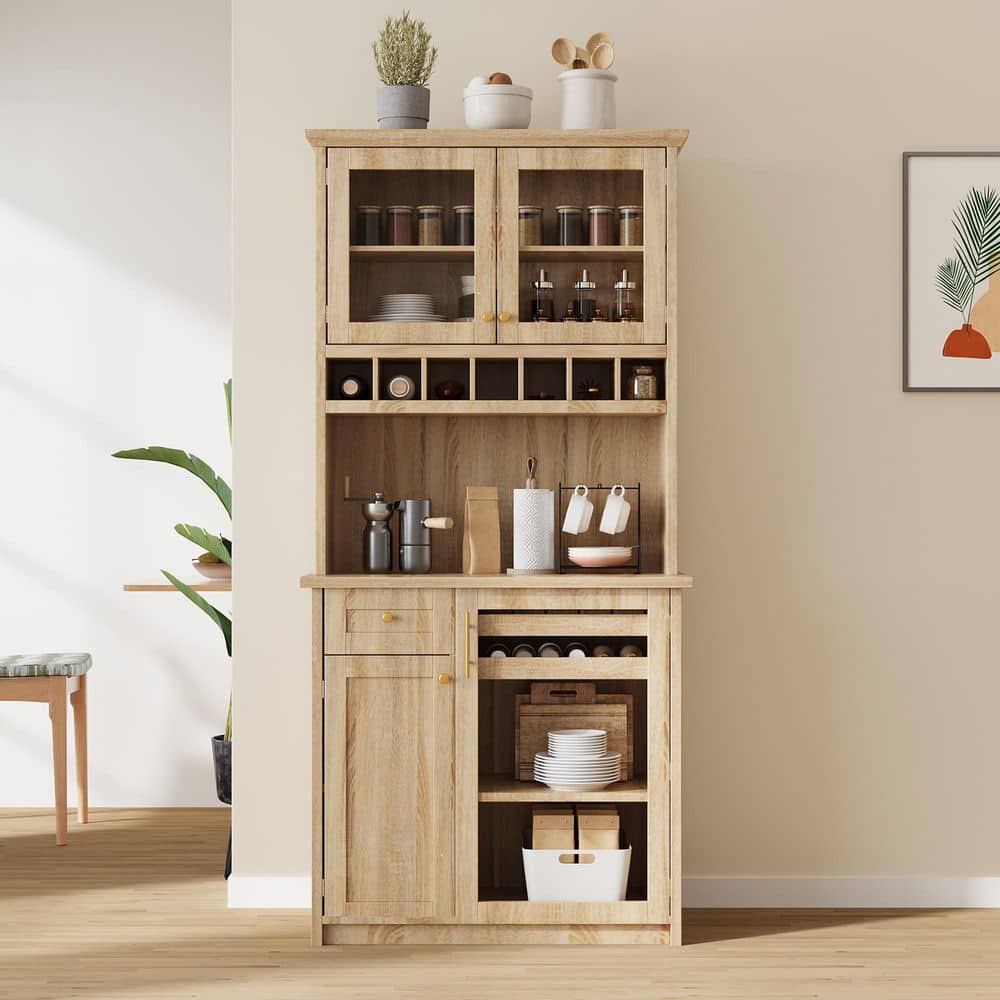 RKZHOPT Natural Kitchen Pantry Storage Cabinet, Buffet with Hutch with ...