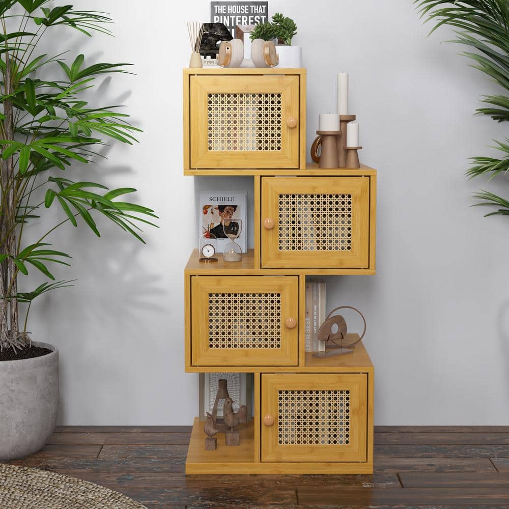 FUFU&GAGA 15.7 in. W Yellow Wood Grain Stacked Block Shape Wooden End ...