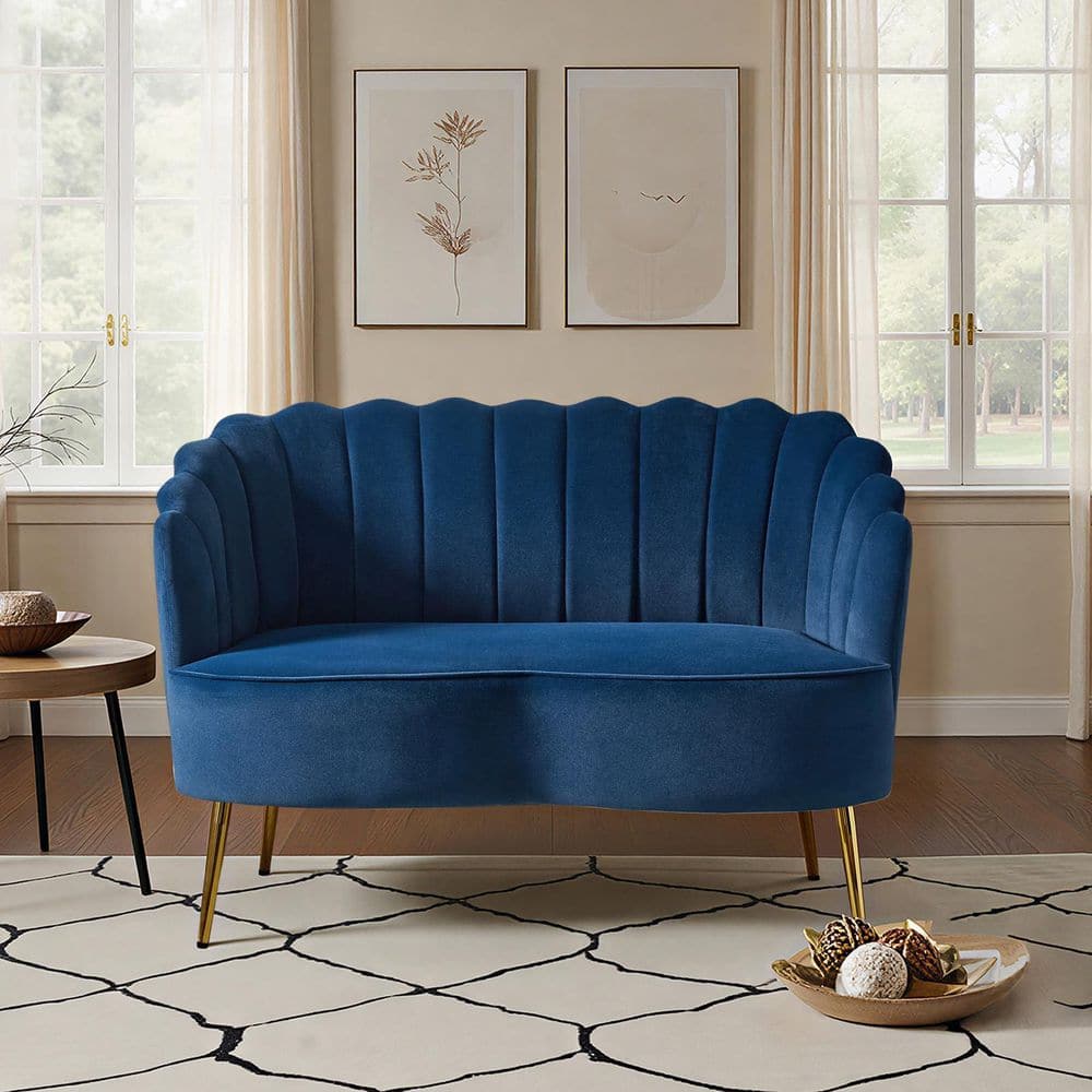 JAYDEN CREATION Yeran Velvet 50.2 in. Navy 2-Seats Loveseat with Flower ...