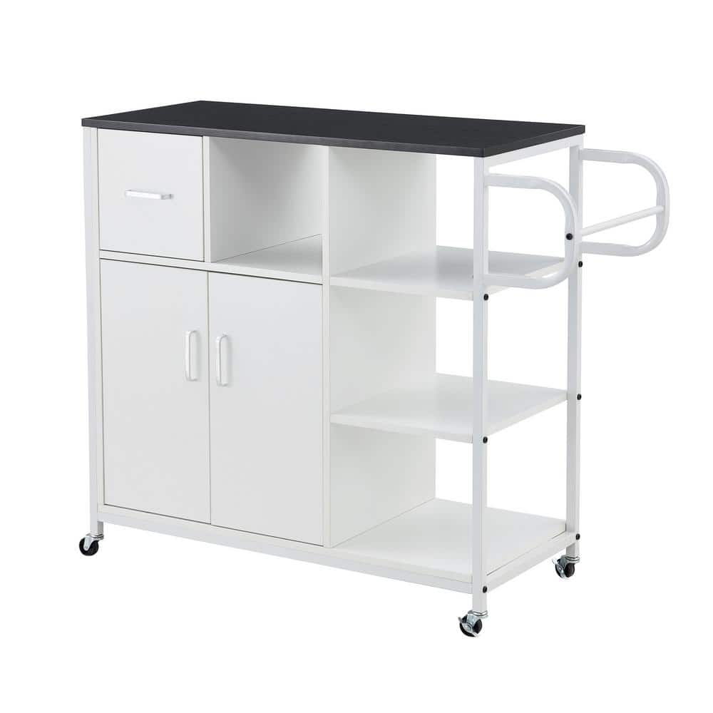 FUNKOL White Kitchen Cart with Natural Wood Top and Cabinet Storage ...