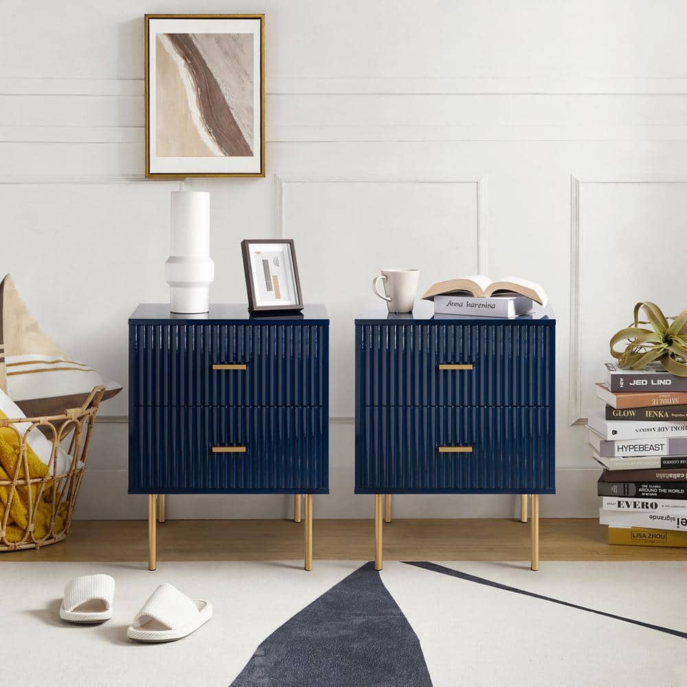 Hugh Navy Contemporary Classic 2 Drawer Nightstand with Metal Legs and Charging Station Set of 2